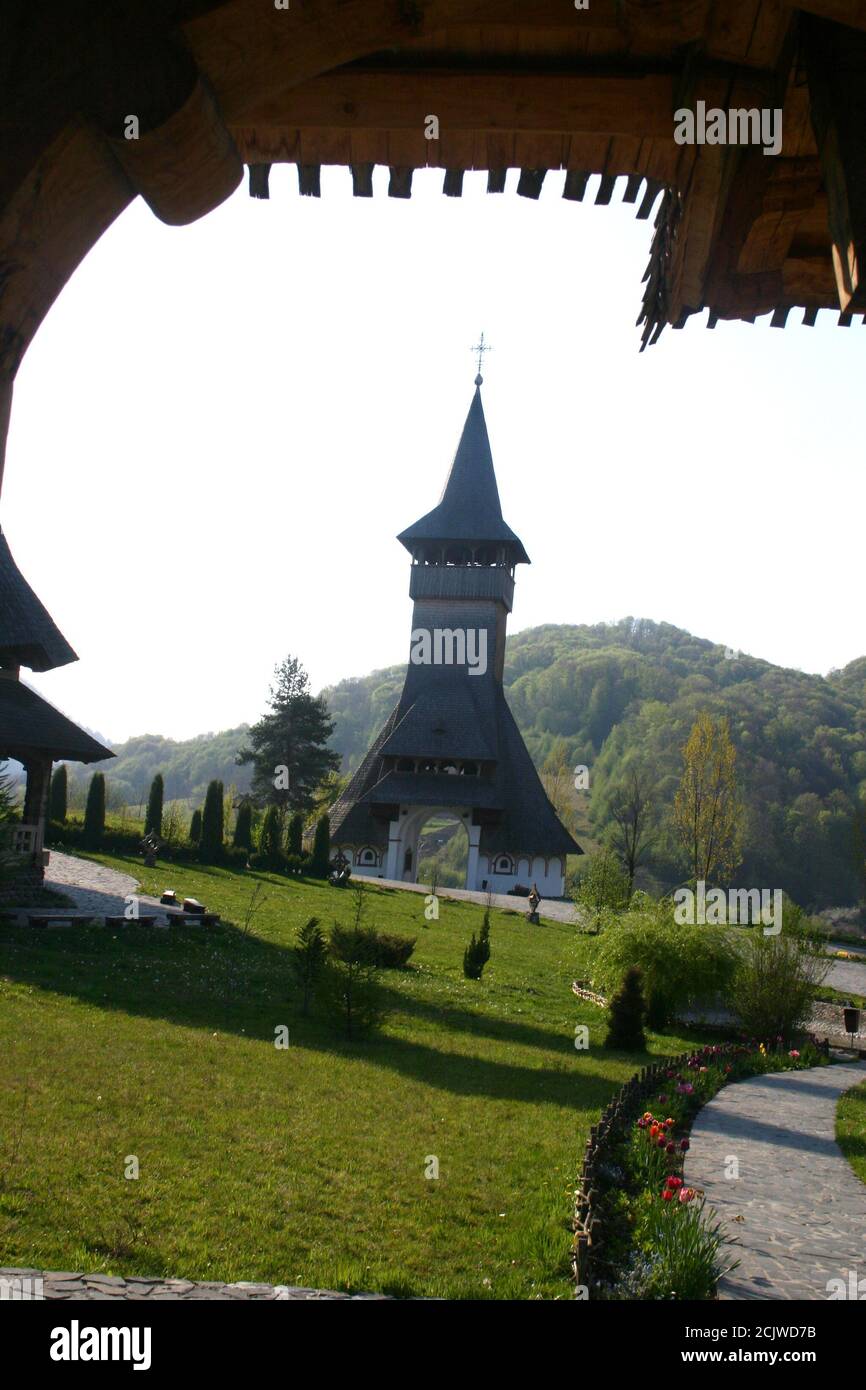 Barsana Monastery, Romania. The bell tower, built in the traditional ...