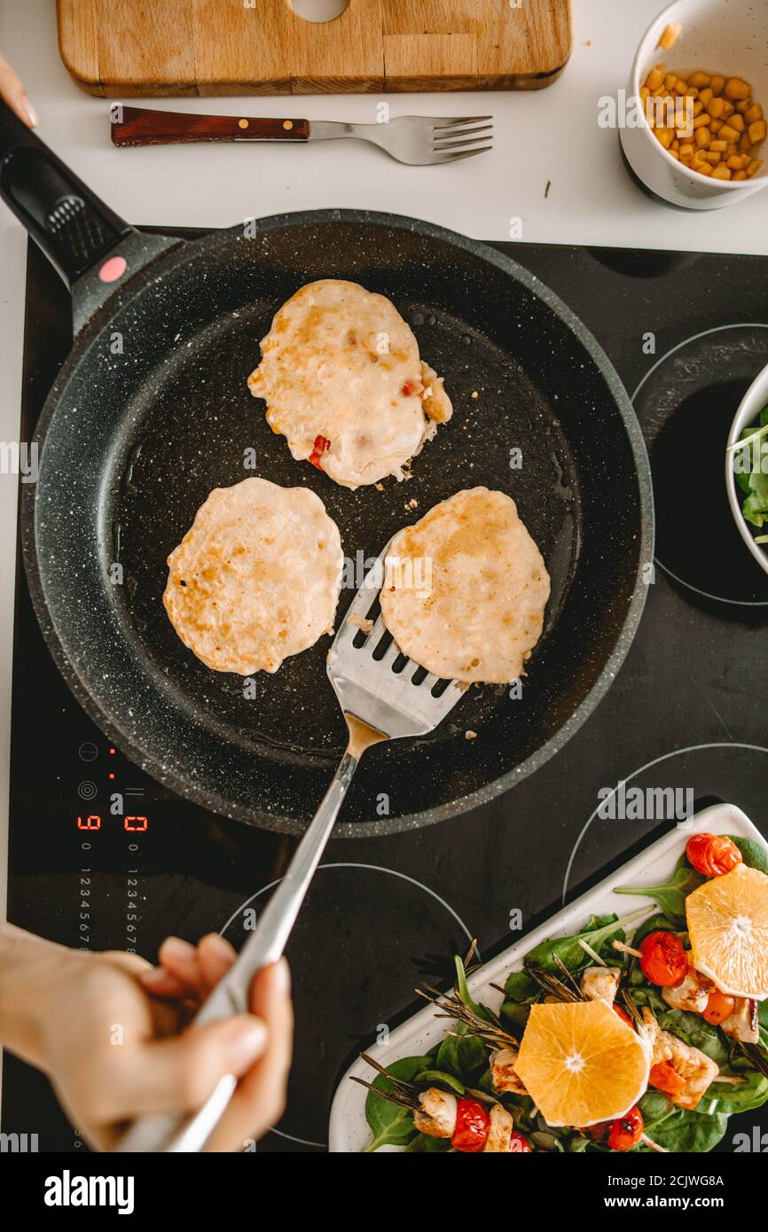 ready breakfast food.process of making pies Stock Photo - Alamy