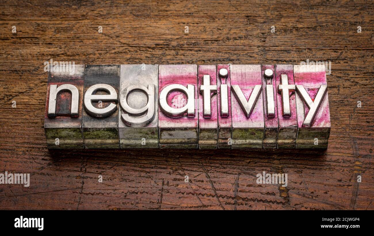 negativity word abstract in gritty vintage letterpress metal type ...
