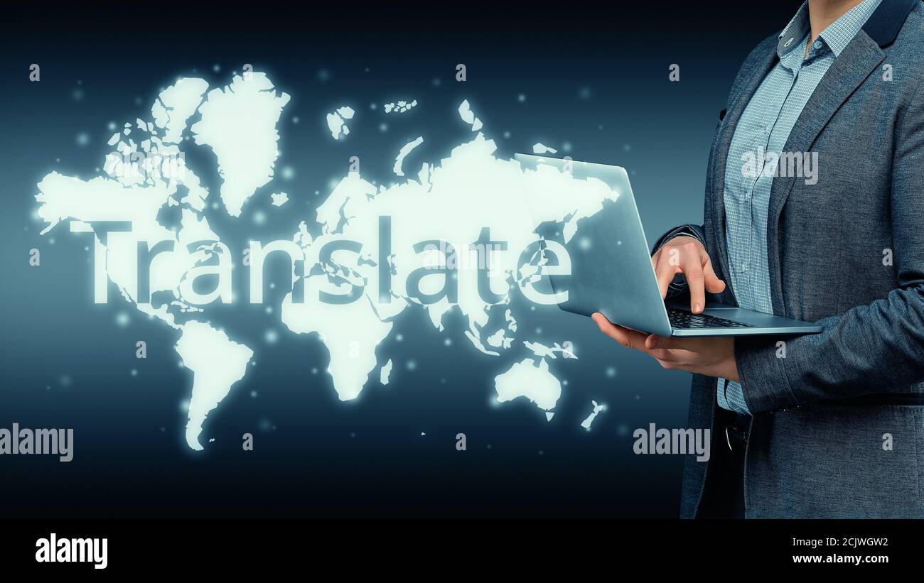 Business person translator concept with world map and laptop Stock ...