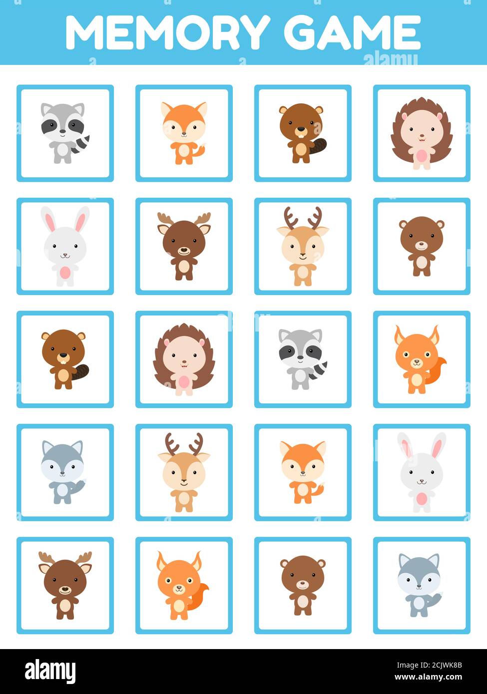 Memory game with cute set cartoon animals. Cards game find two two ...