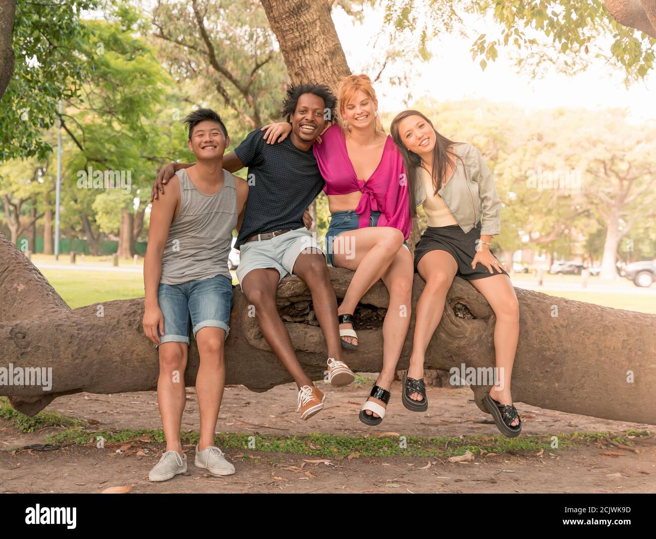 Friends sitting together on a trunk of a tree outdoors Stock Photo - Alamy
