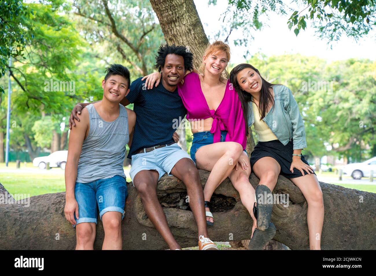 Friends sitting together on a trunk of a tree outdoors Stock Photo - Alamy