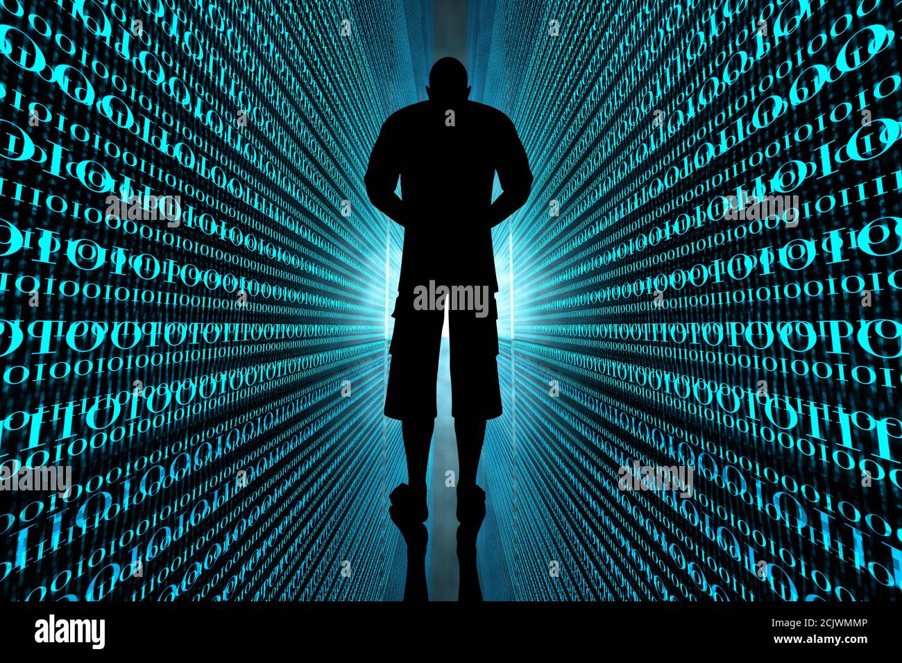 3D Illustration of a man standing between infinite lines of code ...