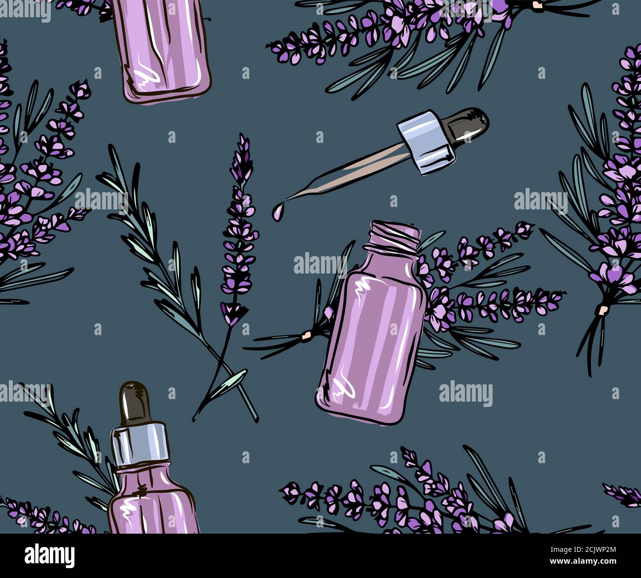 Lavander essential oil bottle and bunch of flowers hand drawn vector ...