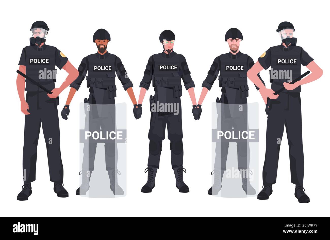 mix race policemen in full tactical gear standing together riot police ...