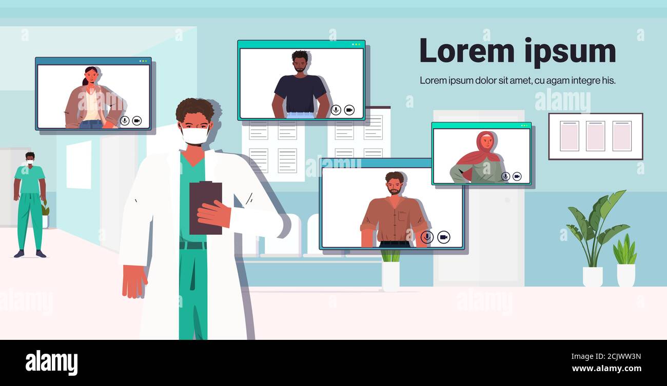 male doctor discussing with mix race patients during video call online ...