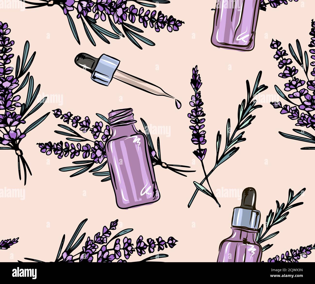Lavander essential oil bottle and bunch of flowers hand drawn vector ...