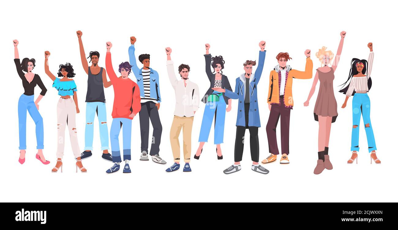 mix race people crowd with raised up hands standing together labor day ...