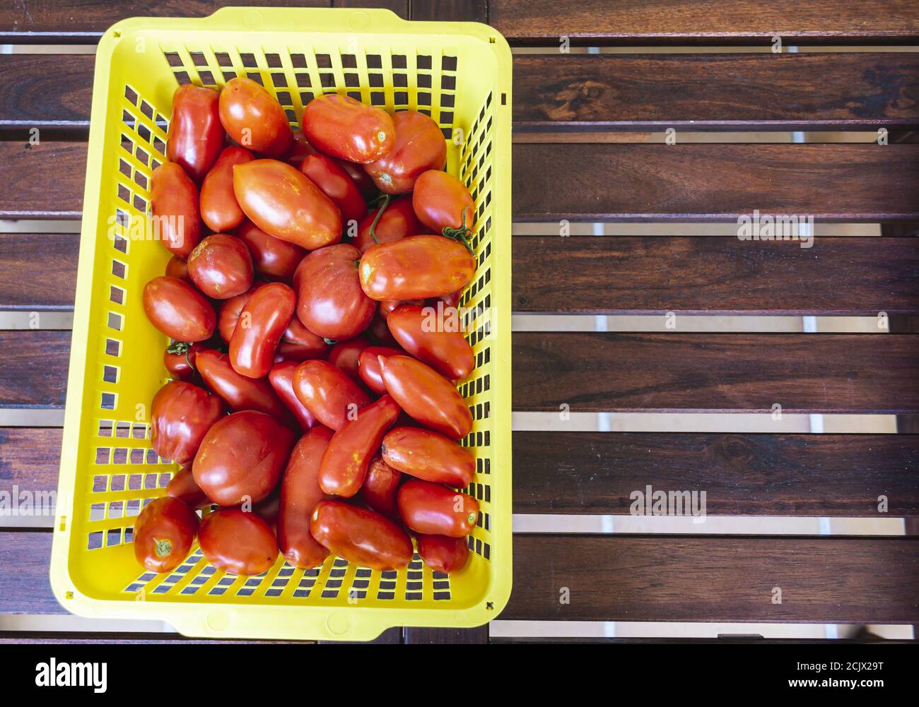 High angle shot of tomatoes in a yellow basket Stock Photo - Alamy