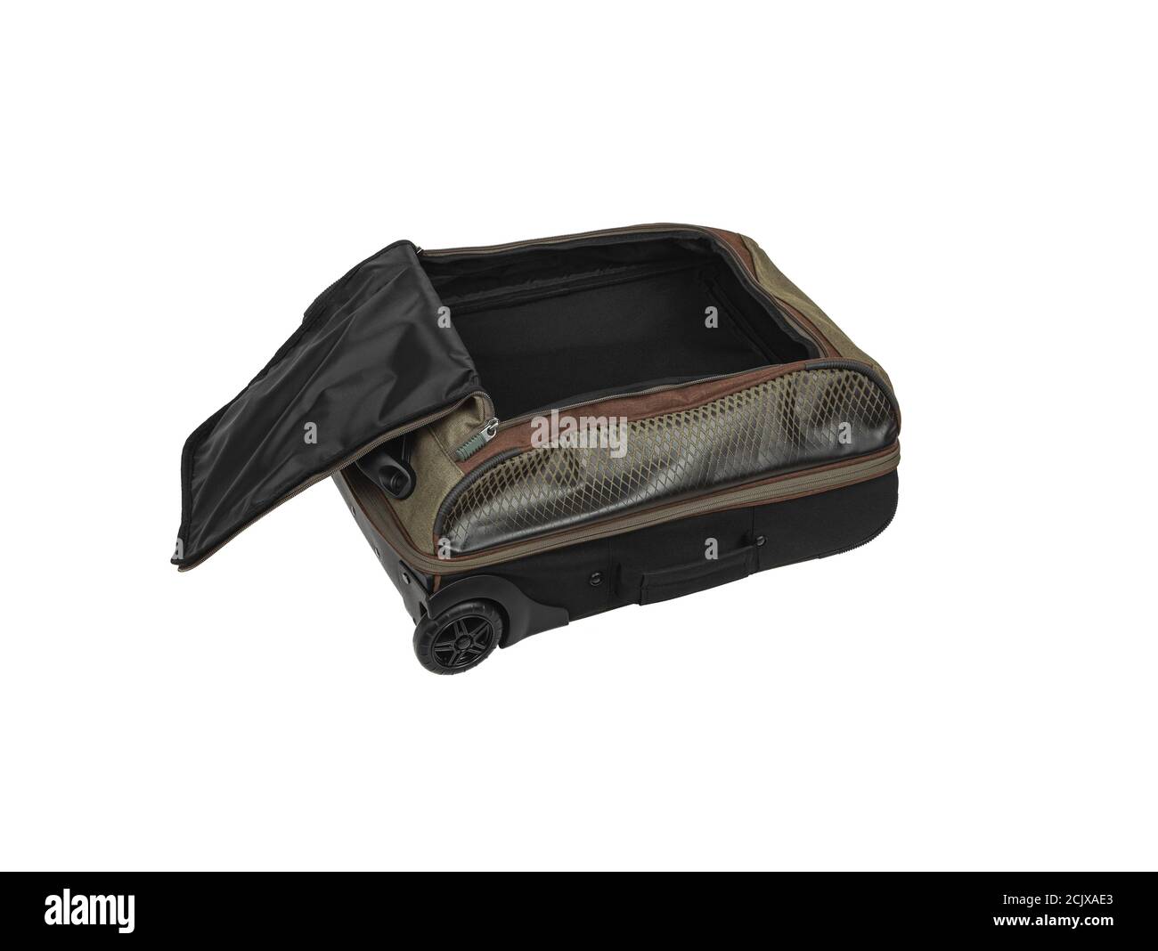 Open suitcase with telescopic handle and on wheels isolate on white ...