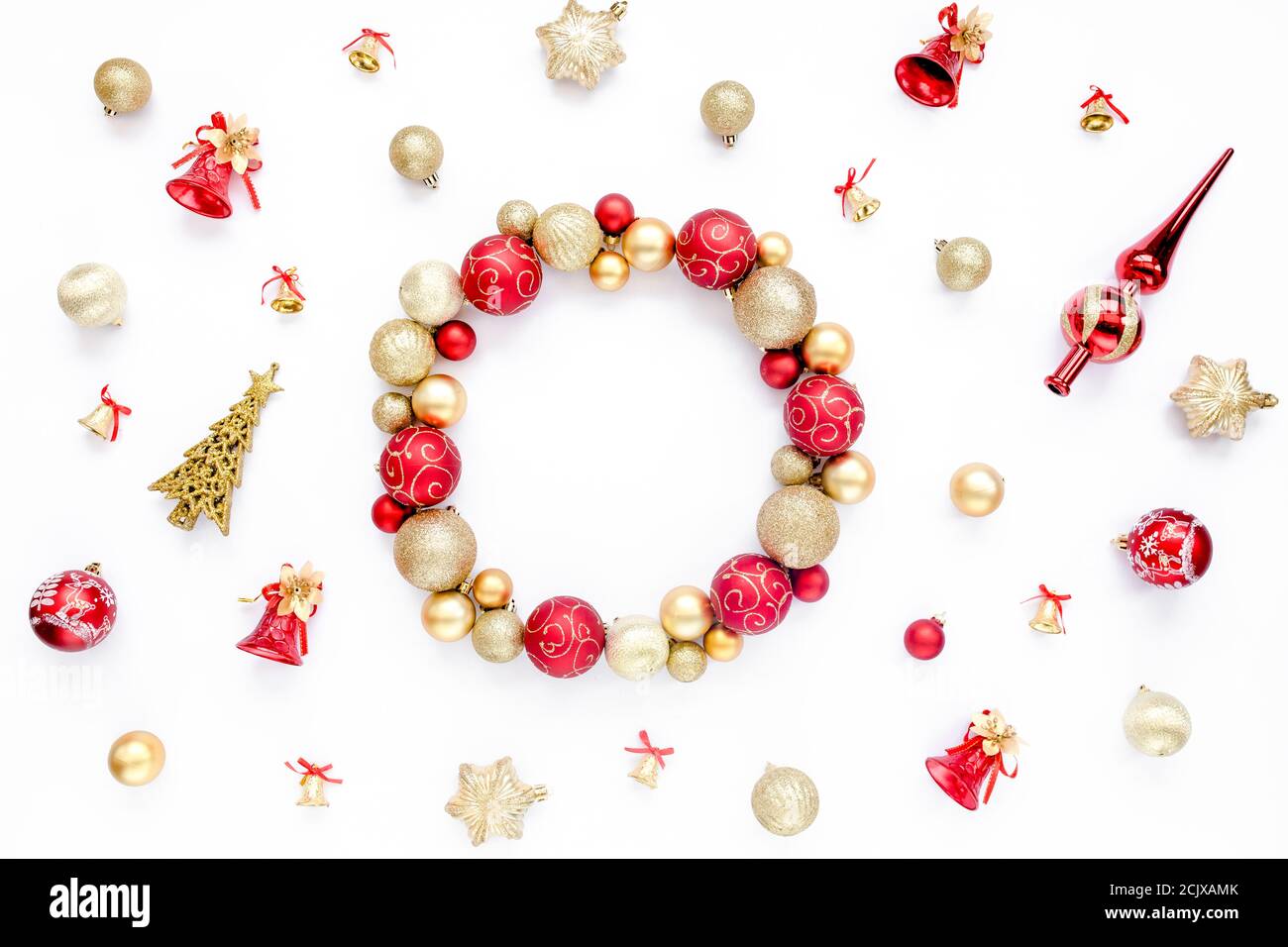 Holiday round frame, pattern made of red and gold glass Christmas balls ...