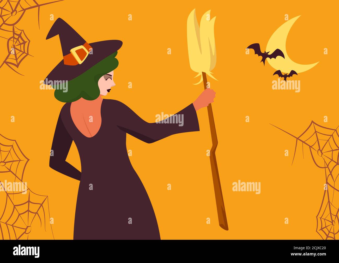 Illustration of witch with broomstick and bats Stock Vector Image & Art ...