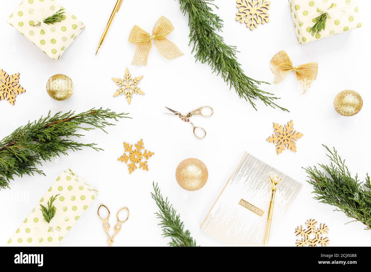 Texture made of Christmas gold decorations on white background with ...