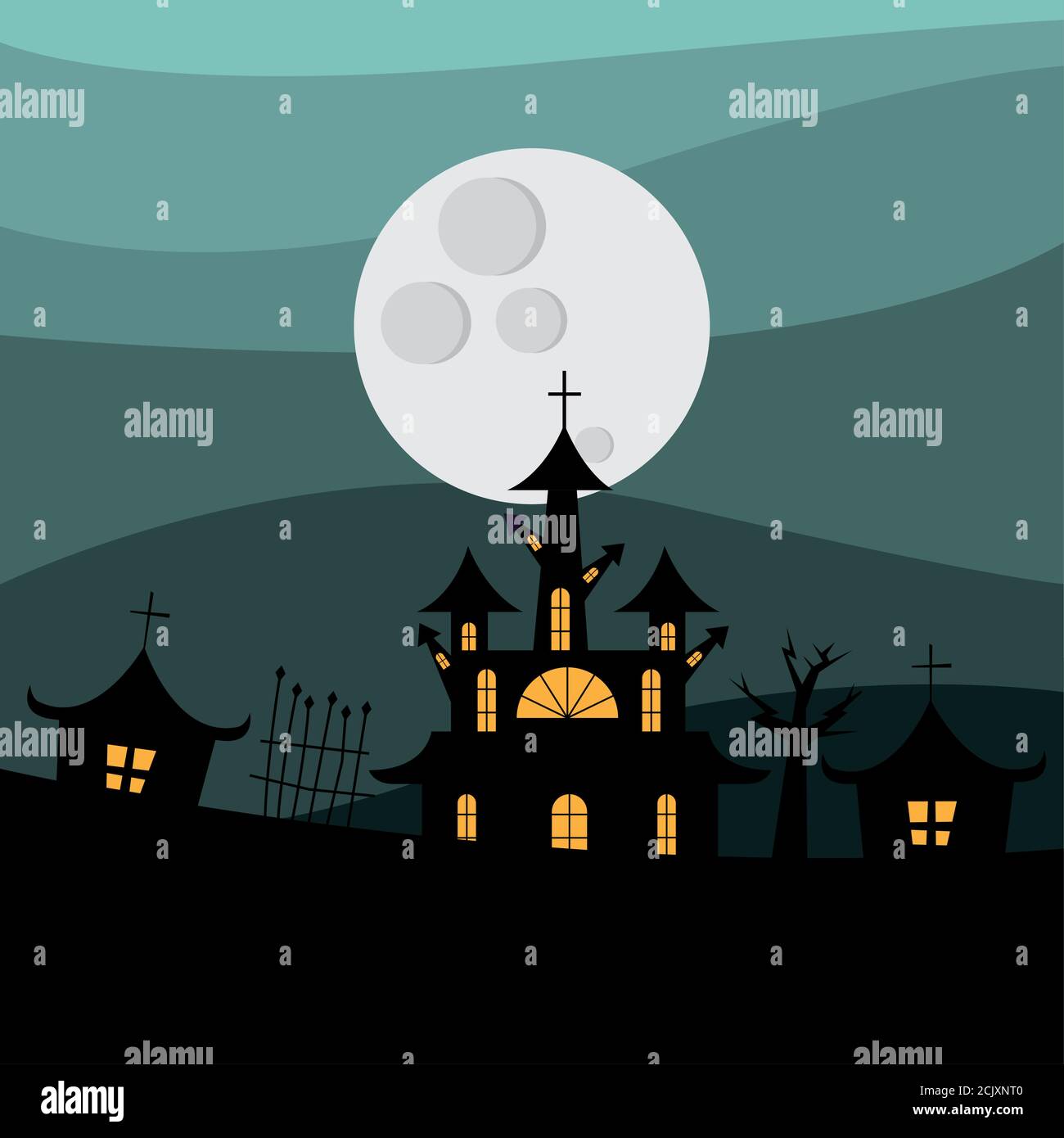 Halloween house with gate in front of moon design, Holiday and scary ...