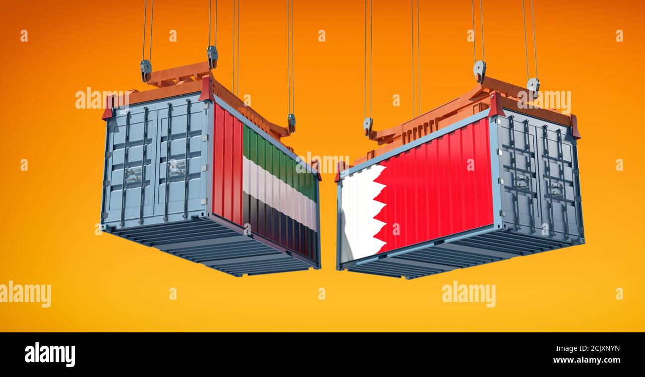 Freight containers with United Arab Emirates and Bahrain flag. 3D ...