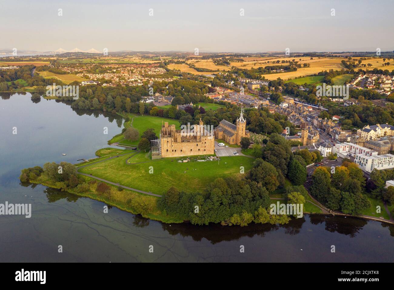 Aerial view of Linlithgow Palace and Linlithgow Loch, West Lothian ...