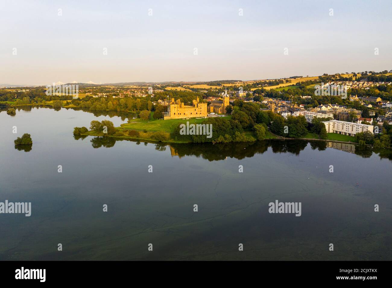 Aerial view of Linlithgow Palace and Linlithgow Loch, West Lothian ...