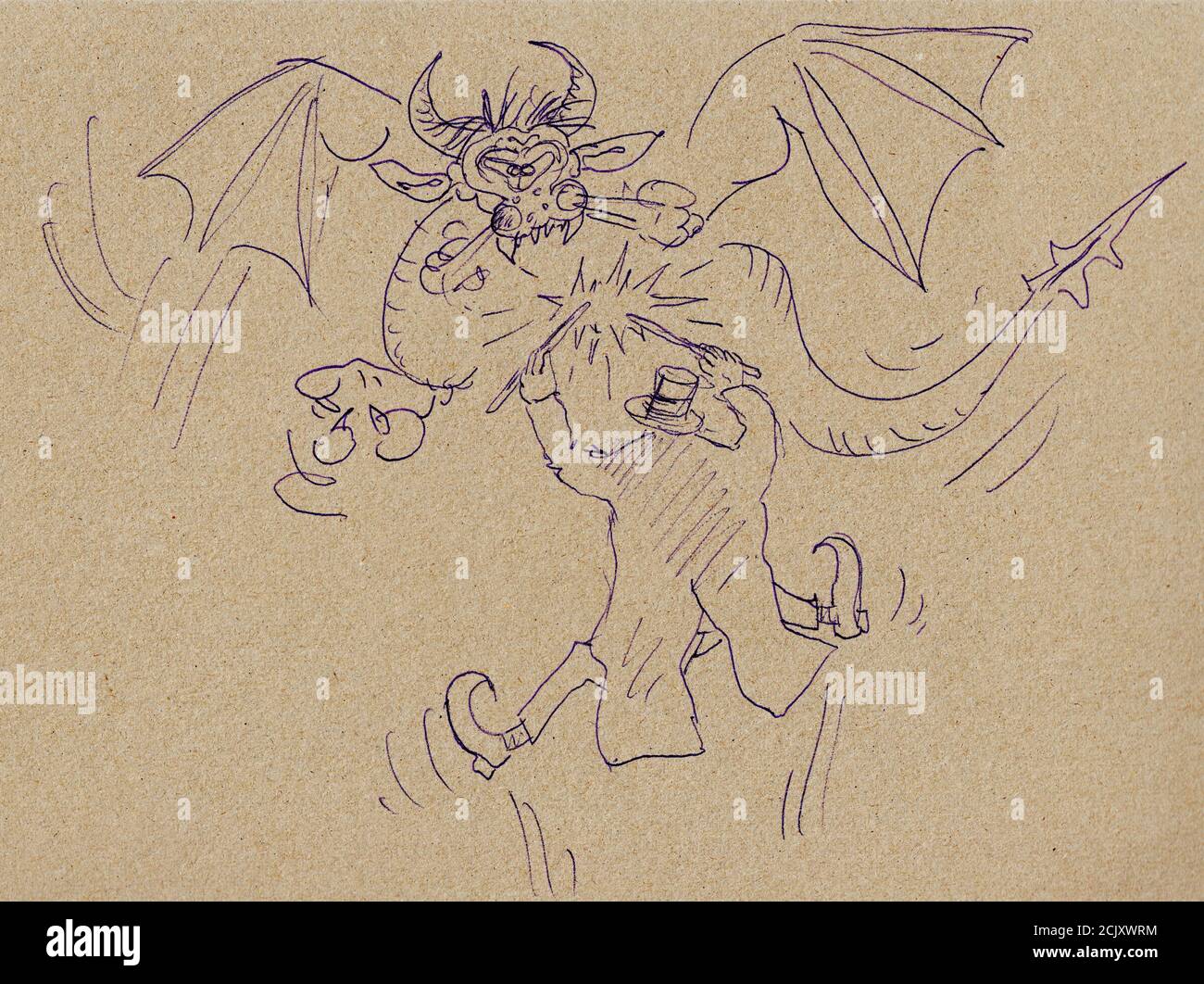 Drawing of a daring wizard fighting a fierce dragon. Magician summoning ...