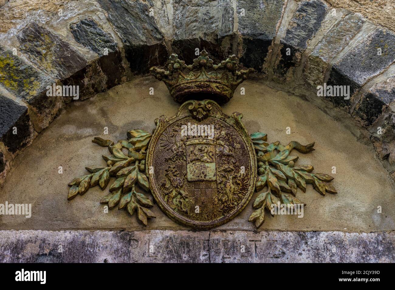 Closeup focus shot of Burg Eltz castle crest, located in Germany Stock ...