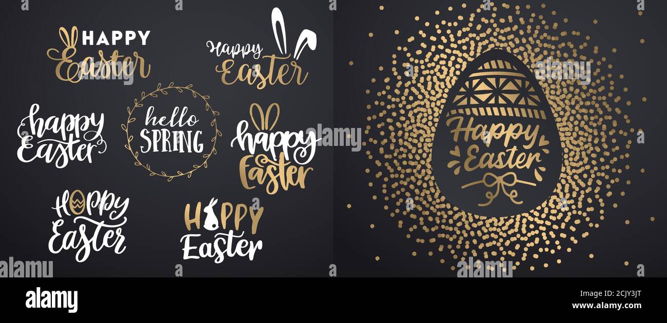 Happy easter labels set. Egg, rabbit, rabbit symbol. Lettering ...
