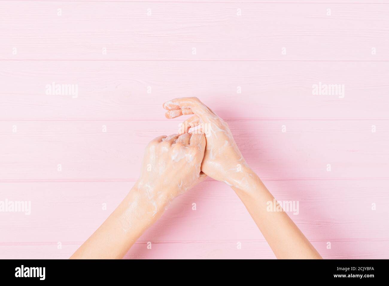 Top view thorough hand washing procedure step on pink background Stock ...