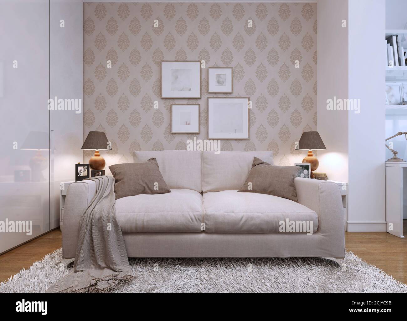 Beige sofa in the living room in a modern style. Wallpaper on the walls ...