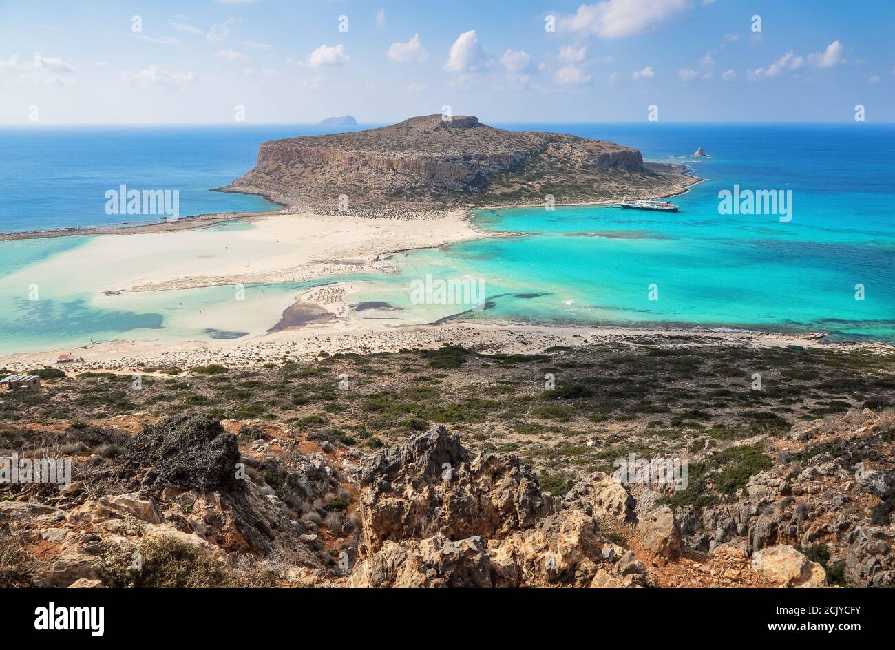 Scenery of sunny summer day with sand beach, turquoise sea and ...