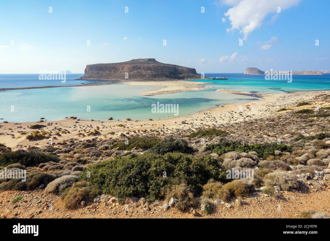 Scenery of sunny summer day with sand beach, turquoise sea and ...