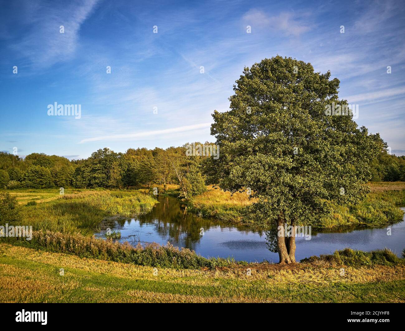 Sunny September day. Autumn landscape in evening sunlight from above ...