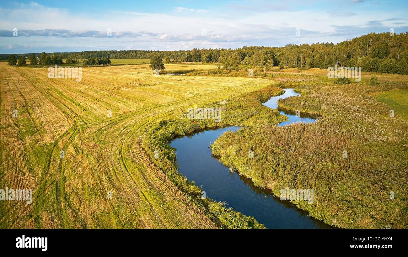 Sunny September day. Autumn landscape in evening sunlight from above ...