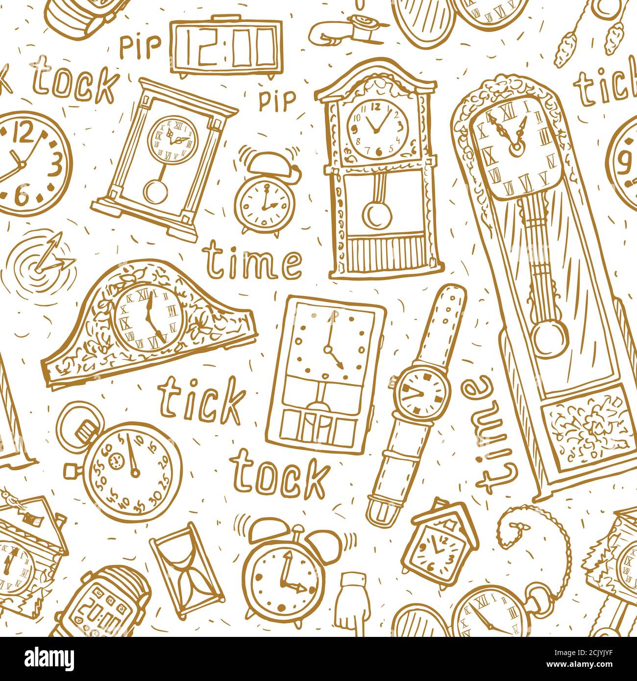 Seamless watches background. Vector time symbols. Hand-drawn ...