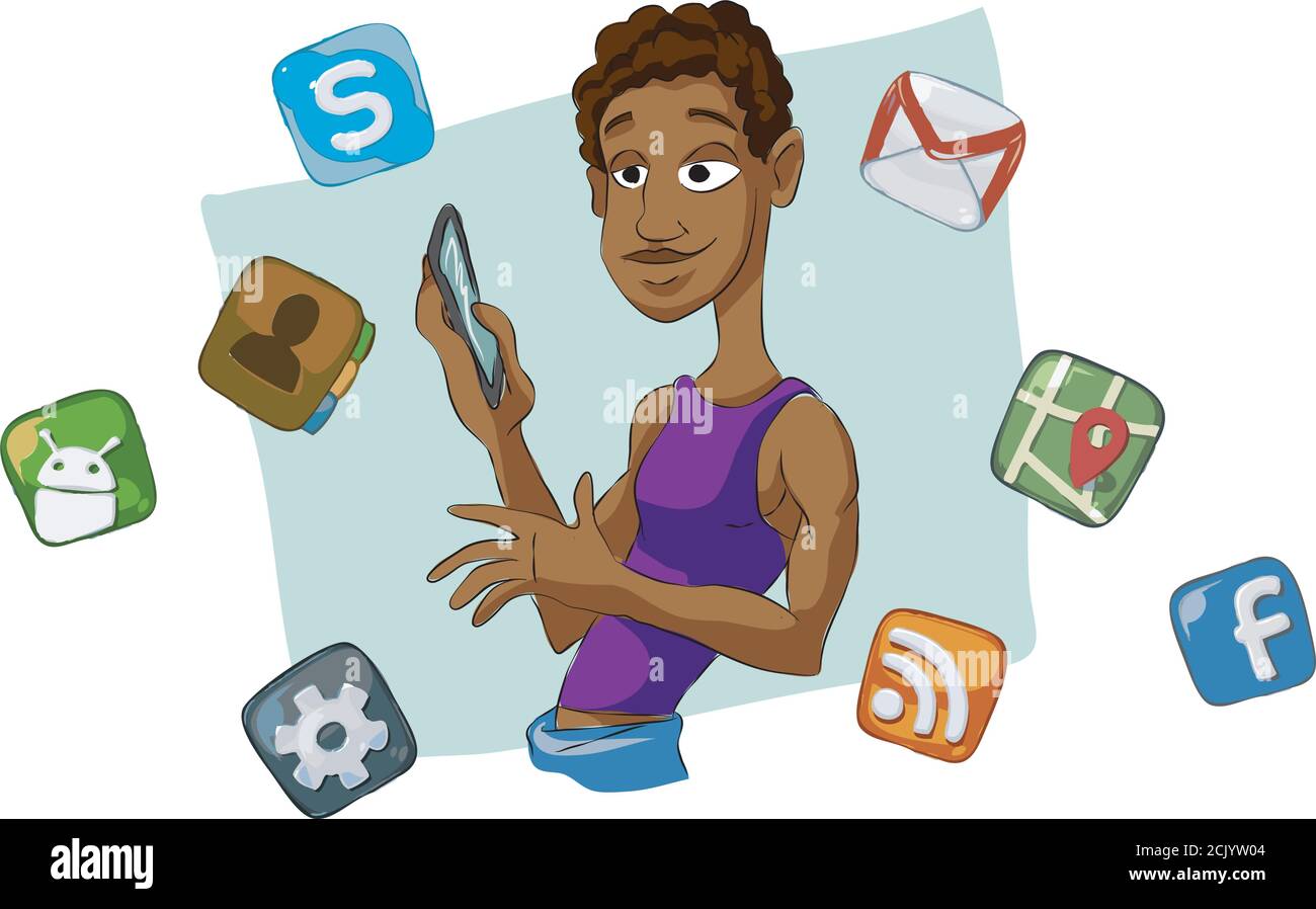 Young men surrounded by his gadgets. Man using many electronic gadgets ...