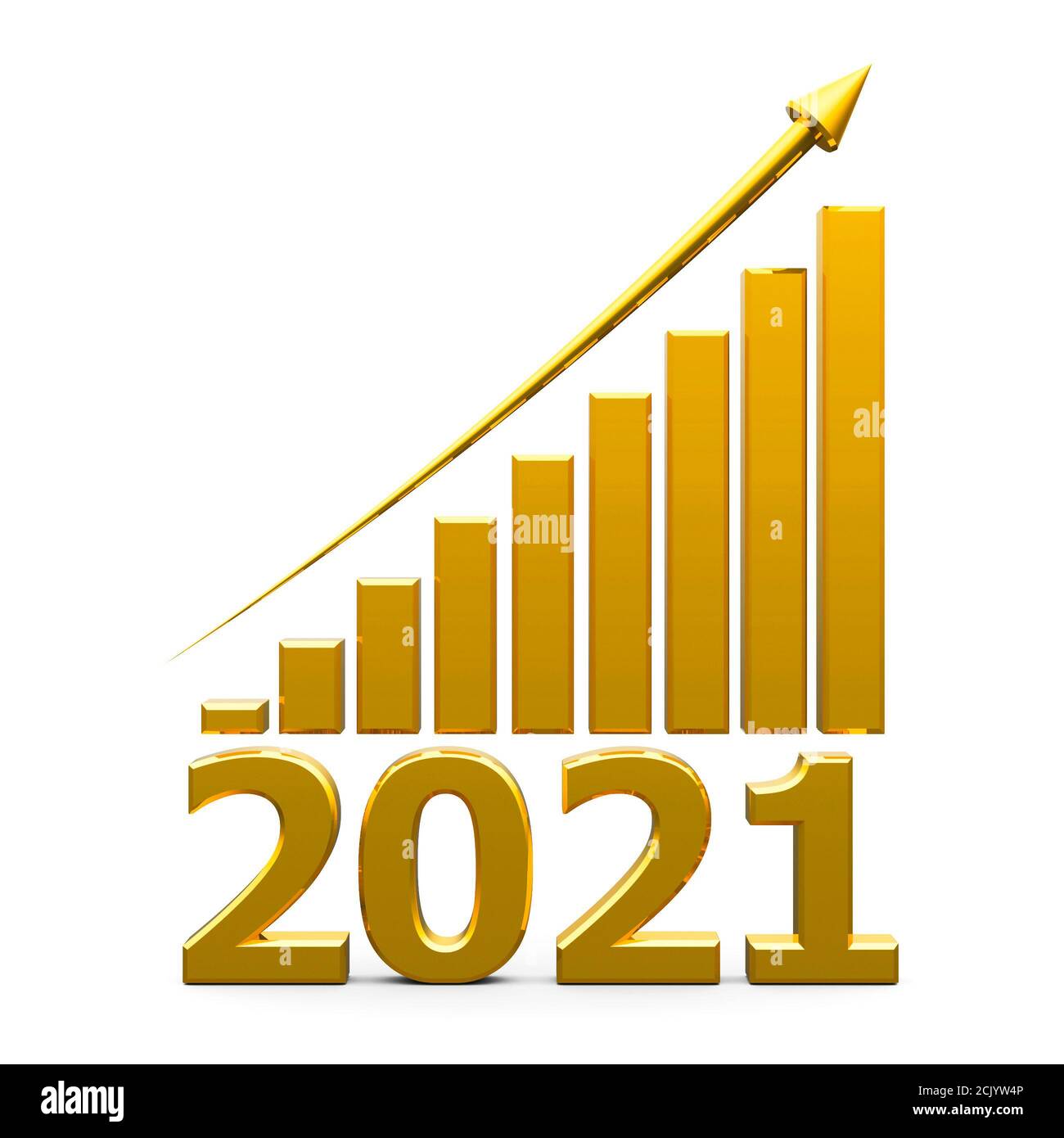 Gold business graph with gold arrow up represents the growth in 2021 year, three-dimensional ...