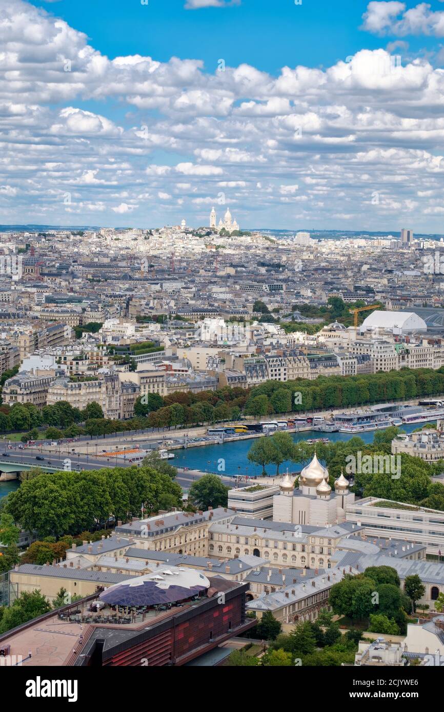 Aerial view of central Paris, the ricer Seine and the Montmartre hill ...