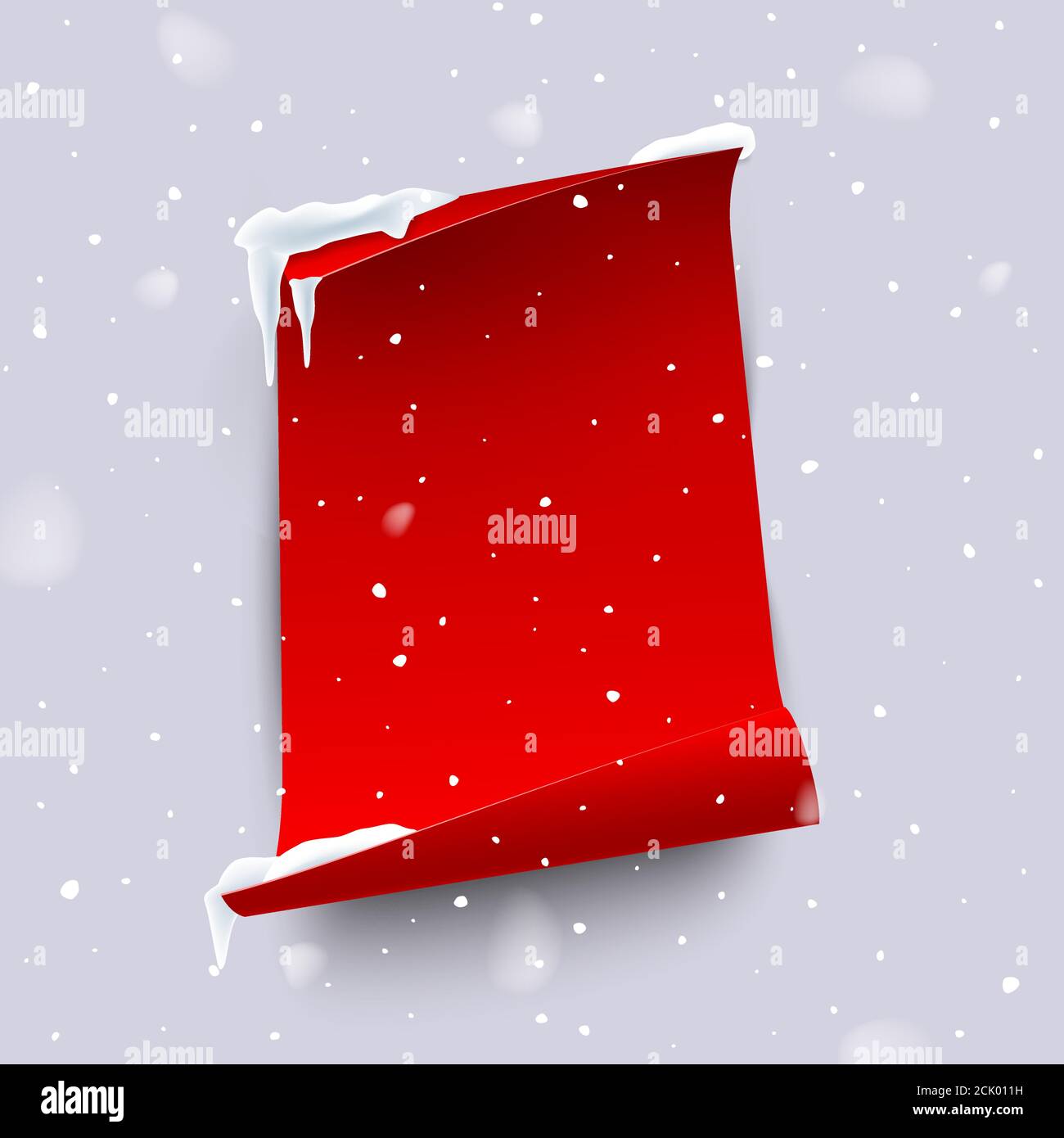 Red paper sheet with curled edges isolated on snowfall background ...