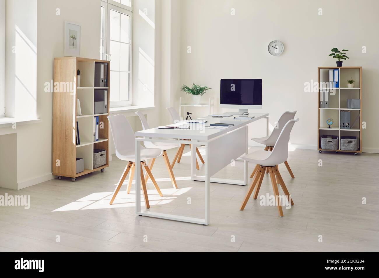 Interior of a modern white business office. Empty light spacious ...