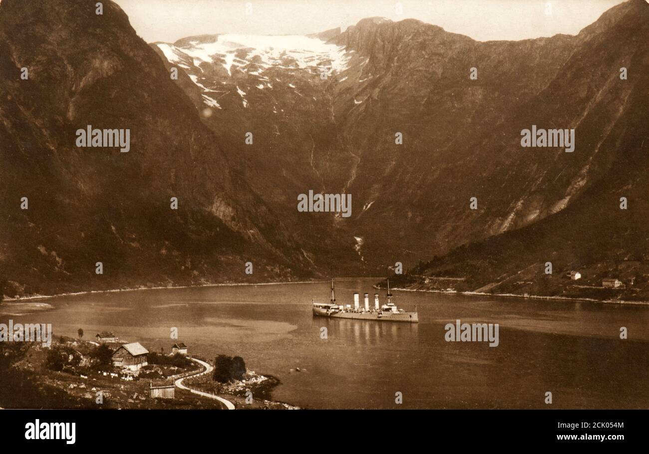 The german warship, Kolberg, anchored in Balholm fjord (1914 Stock ...