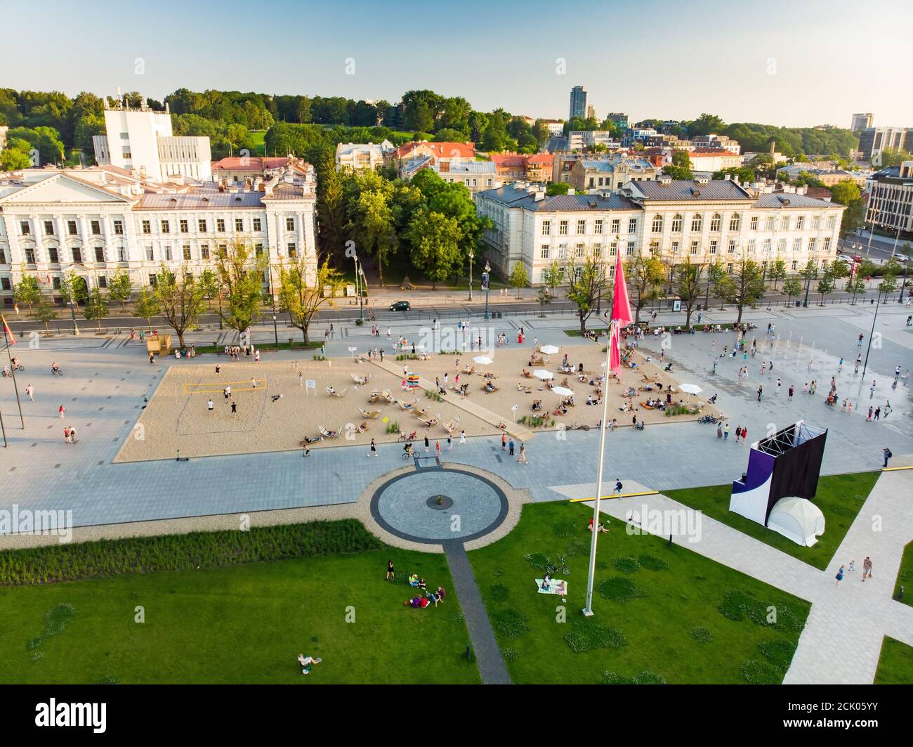 Aerial view of newly renovated Lukiskes square, Vilnius. Sunset ...