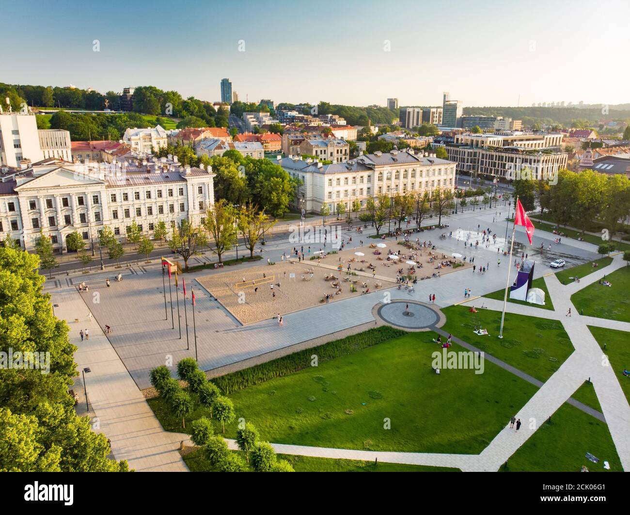 Aerial view of newly renovated Lukiskes square, Vilnius. Sunset ...