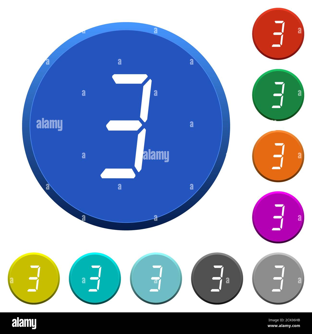 digital number three of seven segment type round color beveled buttons ...