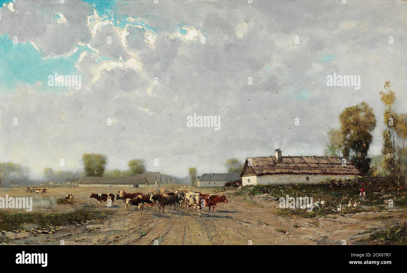 Spanyi Bela - a Village Landscape with Cows - Hungarian School - 19th Century Stock Photo - Alamy