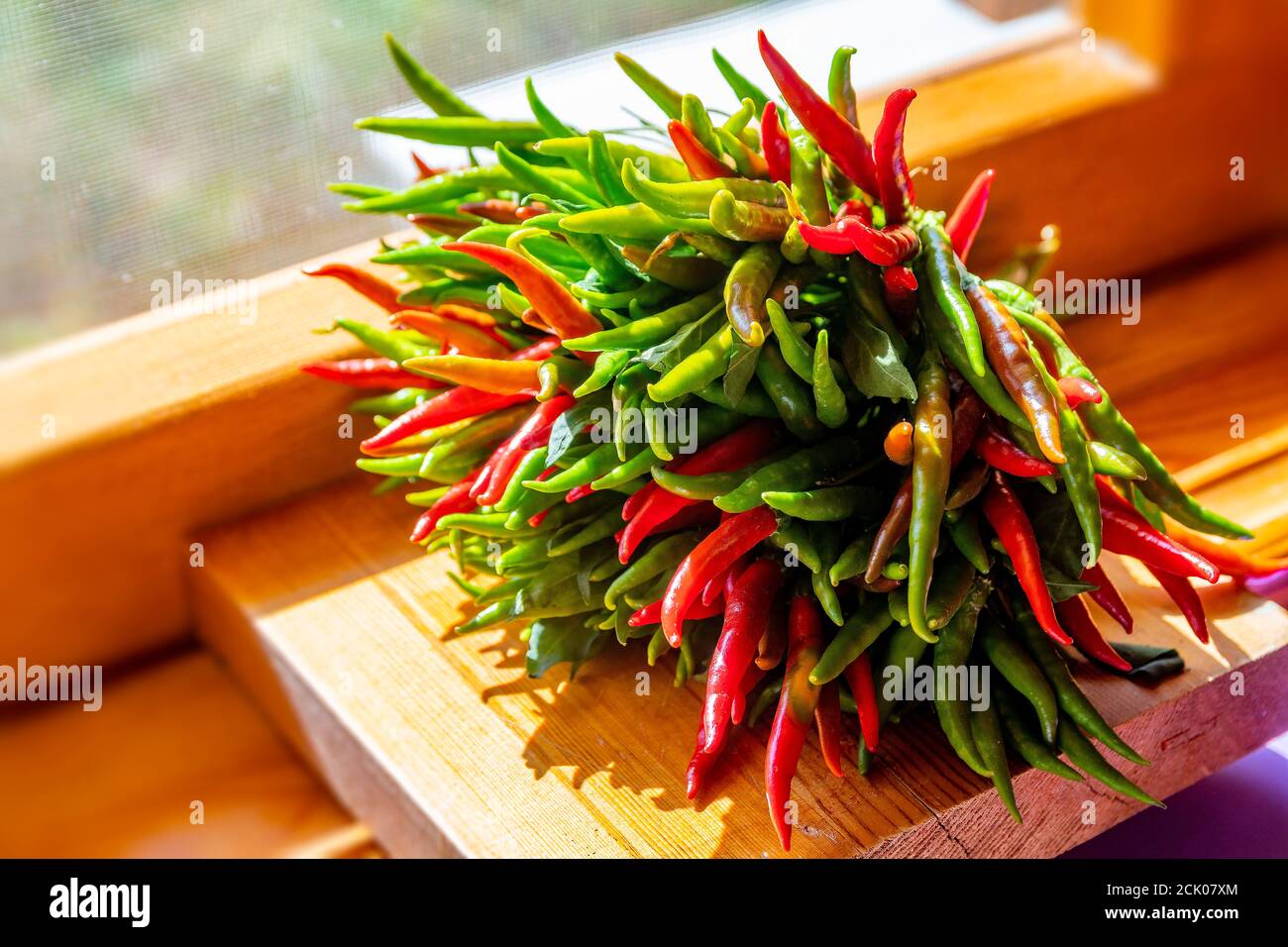 A bundle of freshly harvested green and red chili peppers on wooden ...