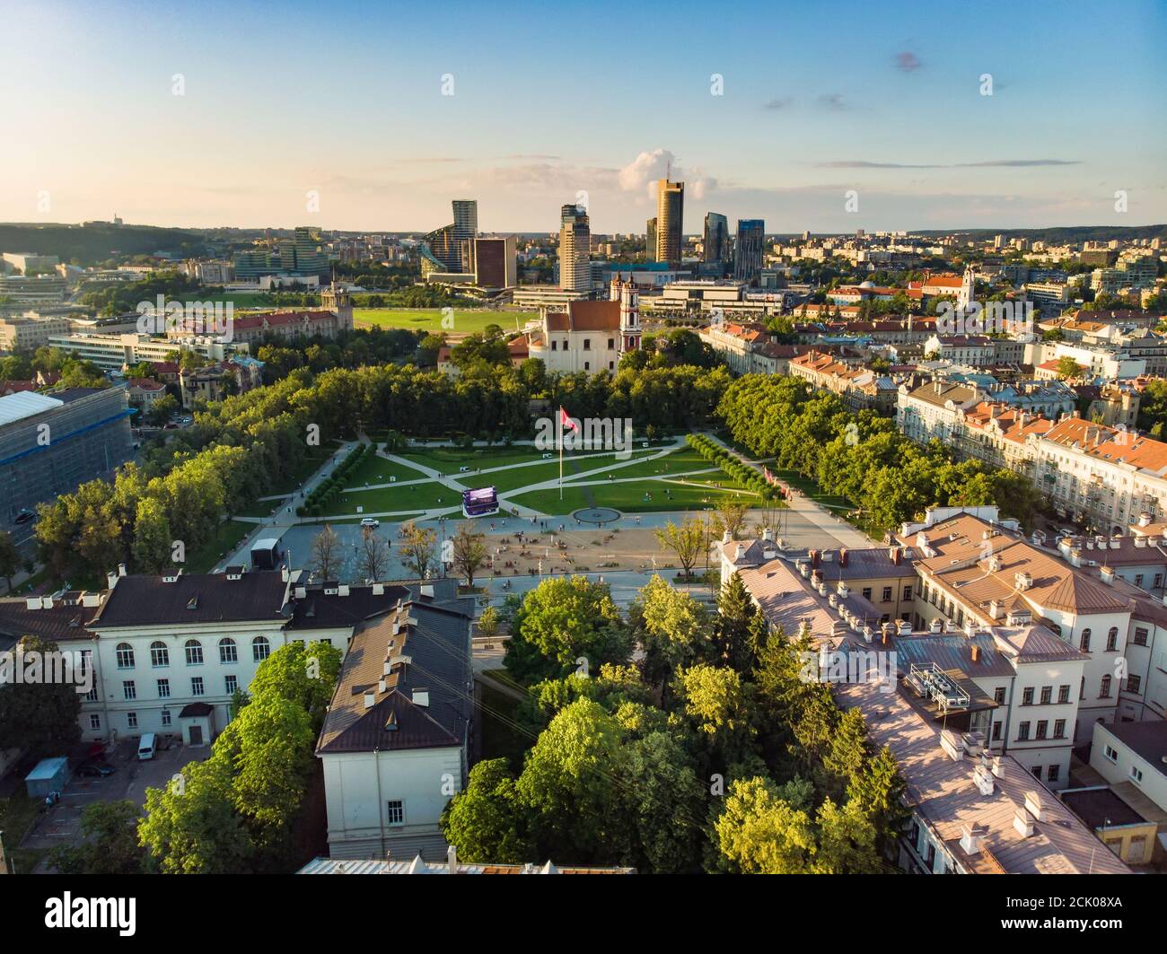 Aerial view of newly renovated Lukiskes square, Vilnius. Sunset ...