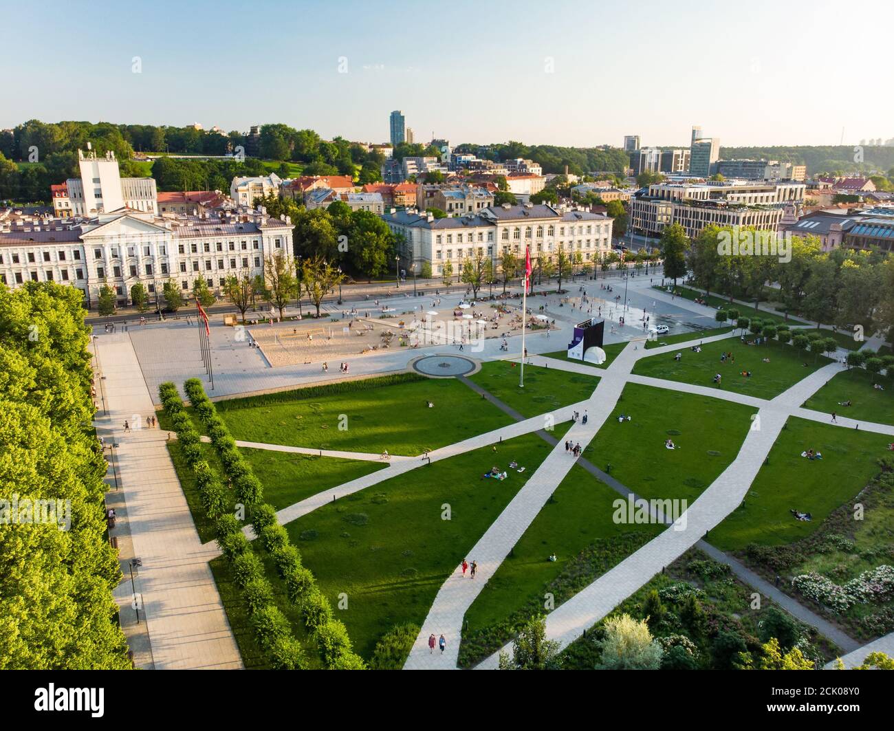 Aerial view of newly renovated Lukiskes square, Vilnius. Sunset ...