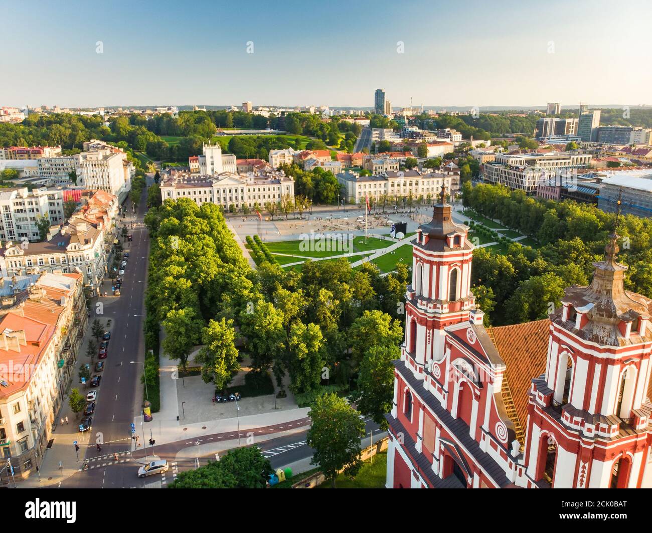 Aerial view of newly renovated Lukiskes square, Vilnius. Sunset ...