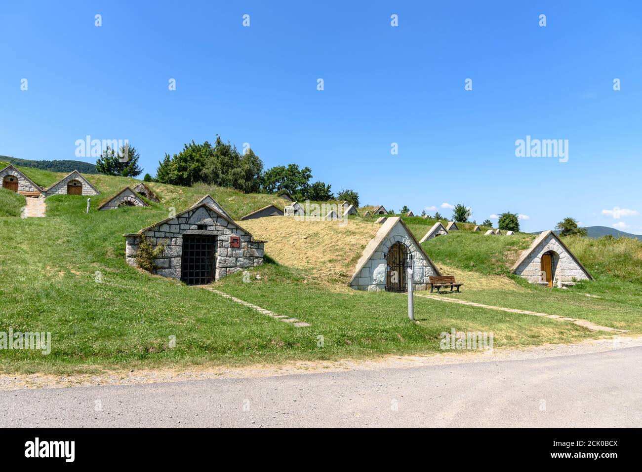 The Koporosi stone dusty cellars in Hercegkut, Northern Hungary Stock ...