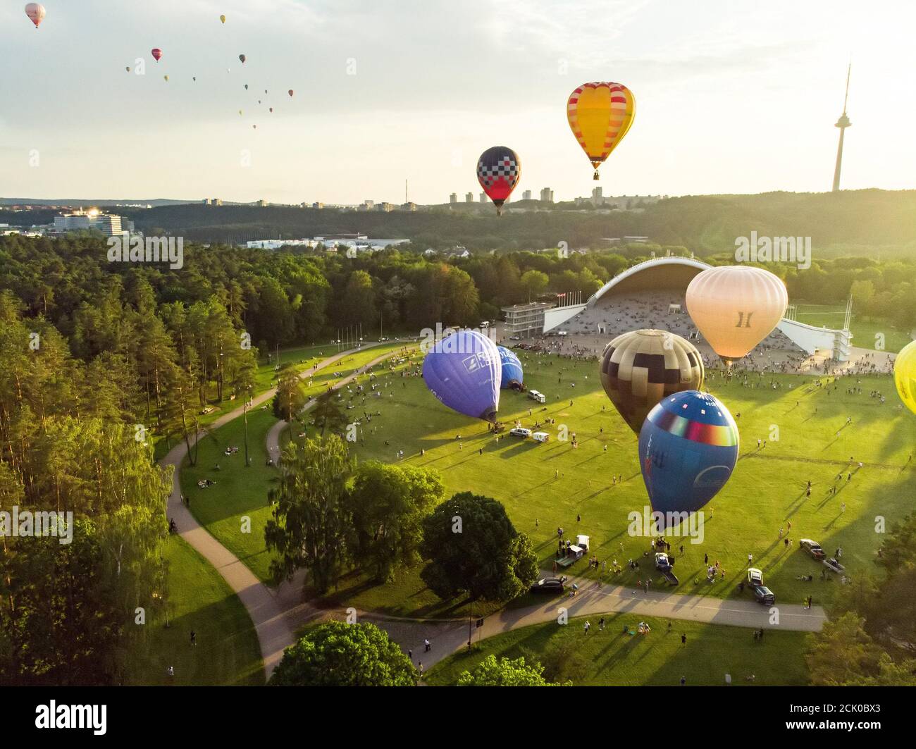 VILNIUS, LITHUANIA - JULY 3, 2020: Colorful hot air balloons taking off ...
