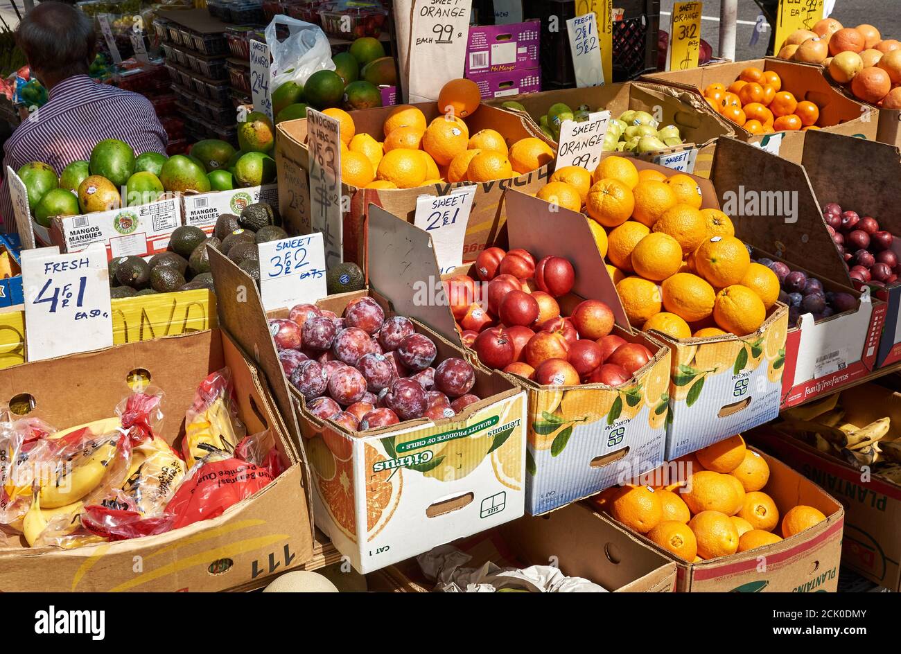 NEW YORK, NY - SEPTEMBER 7 2020: Fruit on display at the stand of a ...