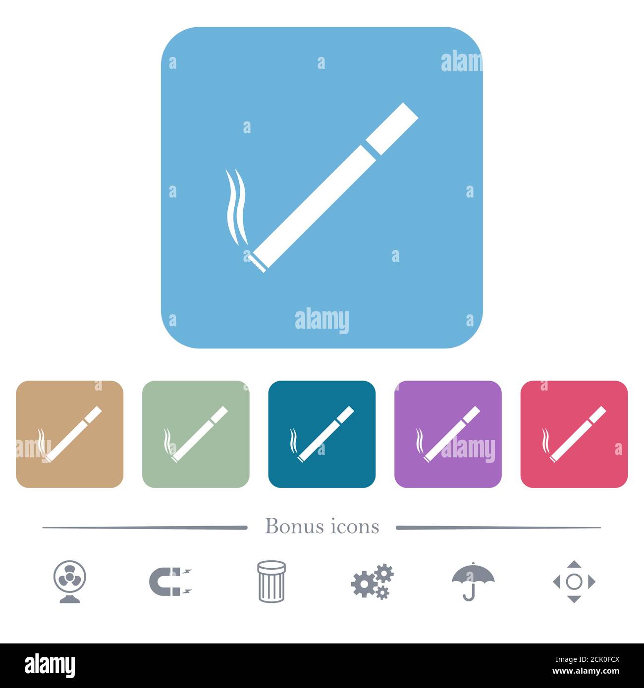 Cigarette white flat icons on color rounded square backgrounds. 6 bonus ...